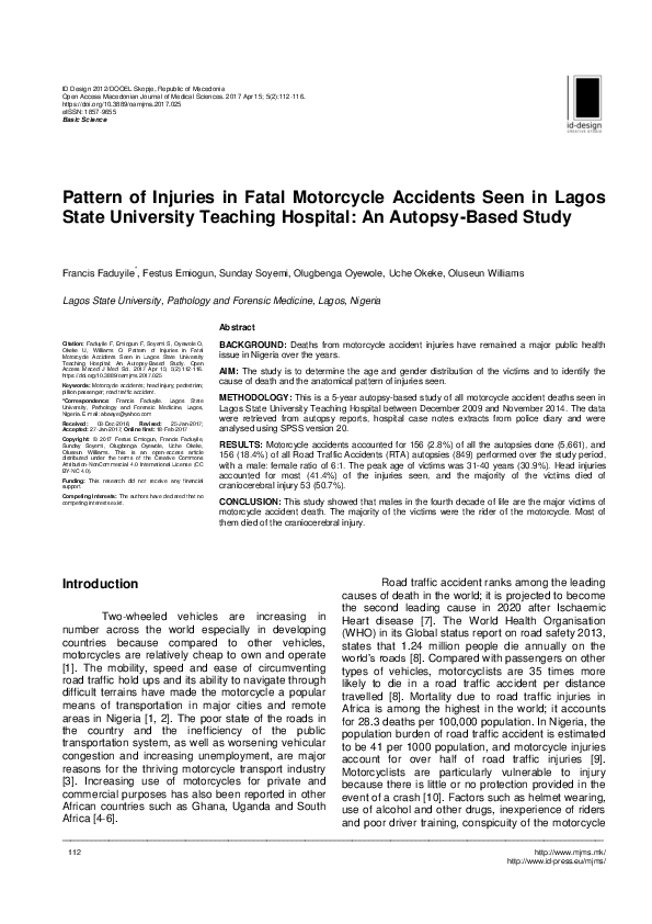 (PDF) Pattern of Injuries in Fatal Motorcycle Accidents Seen in Lagos ...