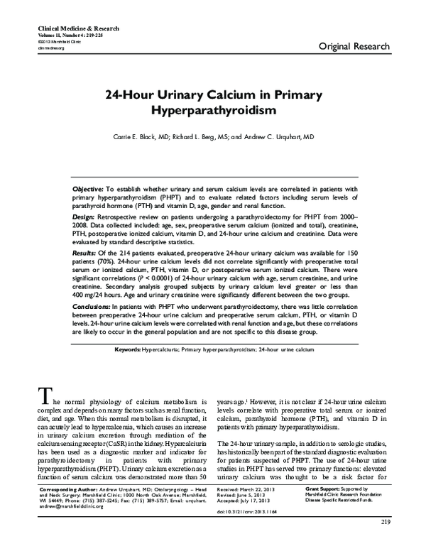 (PDF) 24-Hour Urinary Calcium in Primary Hyperparathyroidism