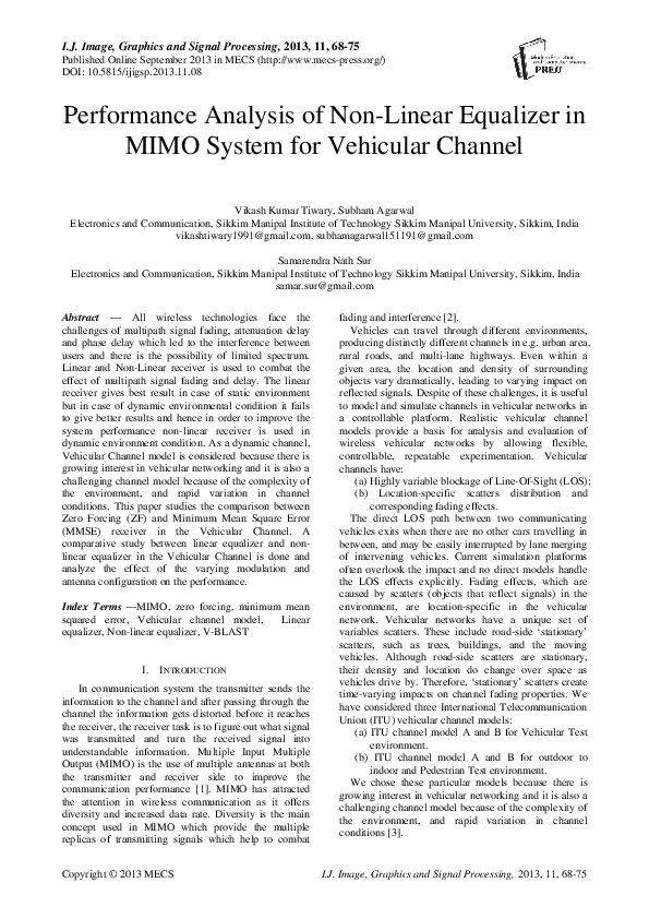 (PDF) Performance Analysis of Non-Linear Equalizer in MIMO System for Vehicular Channel