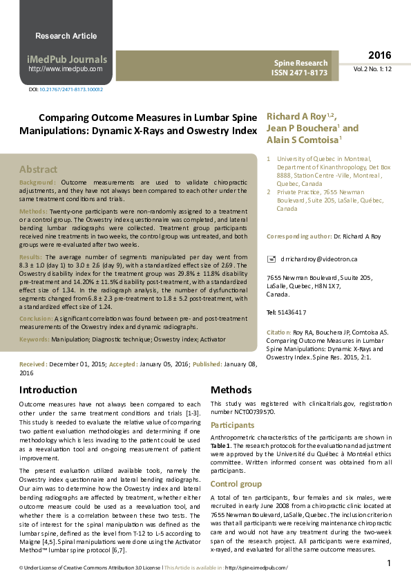 (PDF) Comparing Outcome Measures in Lumbar Spine Manipulations: Dynamic ...