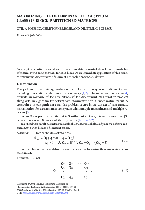 (PDF) Maximizing the determinant for a special class of block-partitioned matrices