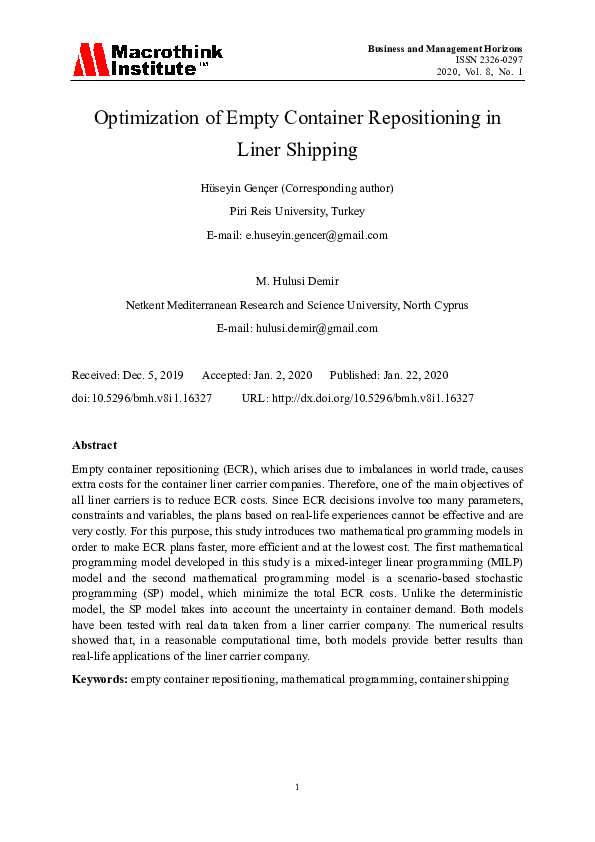 Pdf Optimization Of Empty Container Repositioning In Liner Shipping