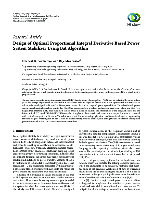 (PDF) Design of Optimal Proportional Integral Derivative Based Power System Stabilizer Using Bat ...