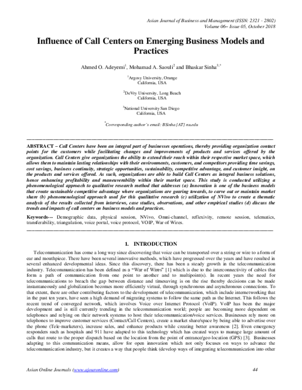 (PDF) Influence of Call Centers on Emerging Business Models and Practices