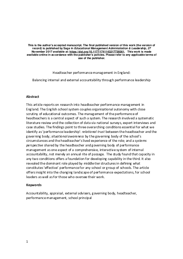 (PDF) Headteacher performance management in England: Balancing internal ...