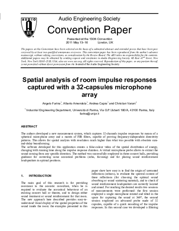 Pdf Spatial Analysis Of Room Impulse Responses Captured With A 32 Capsules Microphone Array