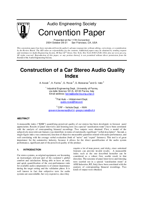 (PDF) Construction of a car stereo audio quality index