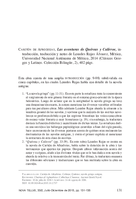 (PDF) Caritón de Afrodisias, 'Las aventuras de Quéreas y Calírroe ...