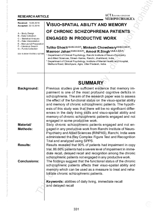 (PDF) Visuo-Spatial Ability and Memory of Chronic Schizophrenia Patients Engaged in Productive Work