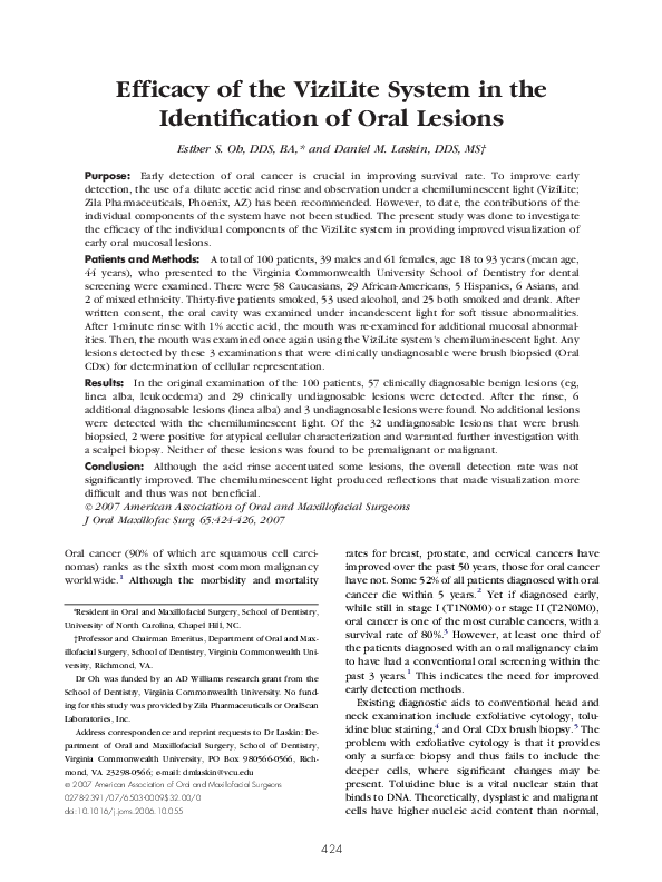 (PDF) Efficacy of the ViziLite System in the Identification of Oral Lesions