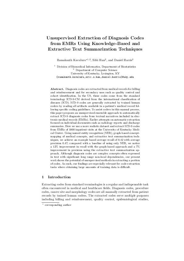 Pdf Unsupervised Extraction Of Diagnosis Codes From Emrs Using Knowledge Based And Extractive