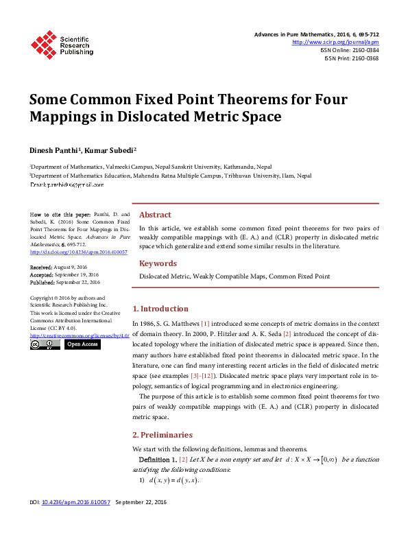 Pdf An Integral Type Common Fixed Point Theorem In Dislocated Metric Space Dinesh Panthi