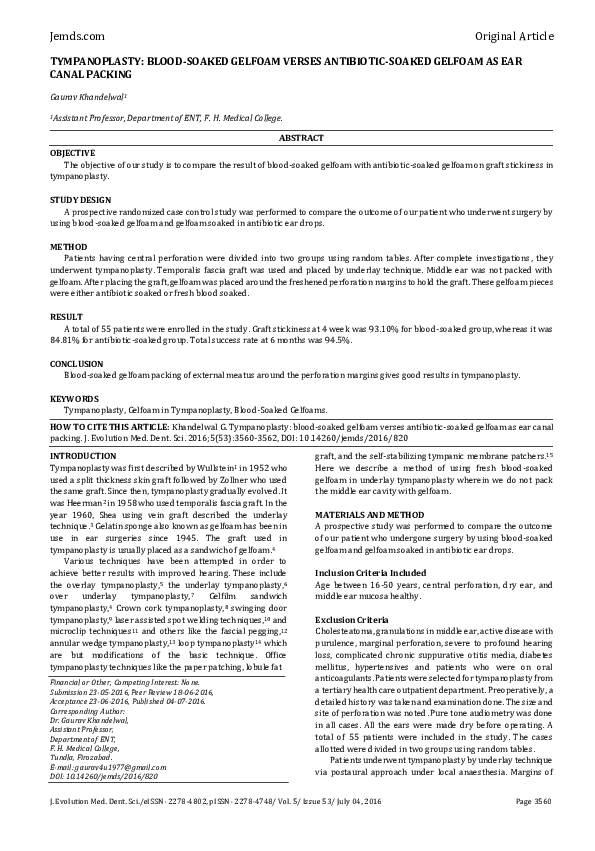 (PDF) Tympanoplasty: Blood-Soaked Gelfoam Verses Antibiotic-Soaked ...