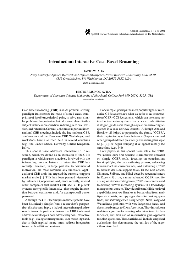 (PDF) Introduction: Interactive Case-Based Reasoning