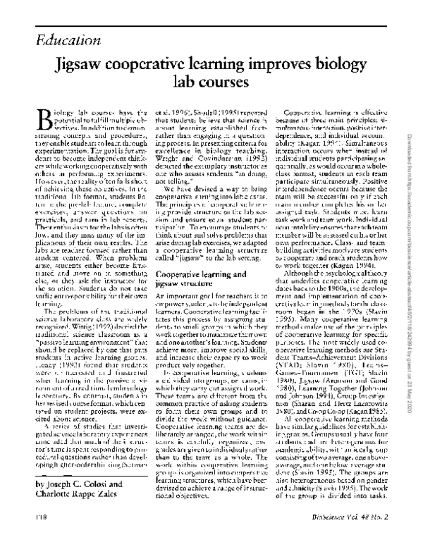 (PDF) Jigsaw Cooperative Learning Improves Biology Lab Courses