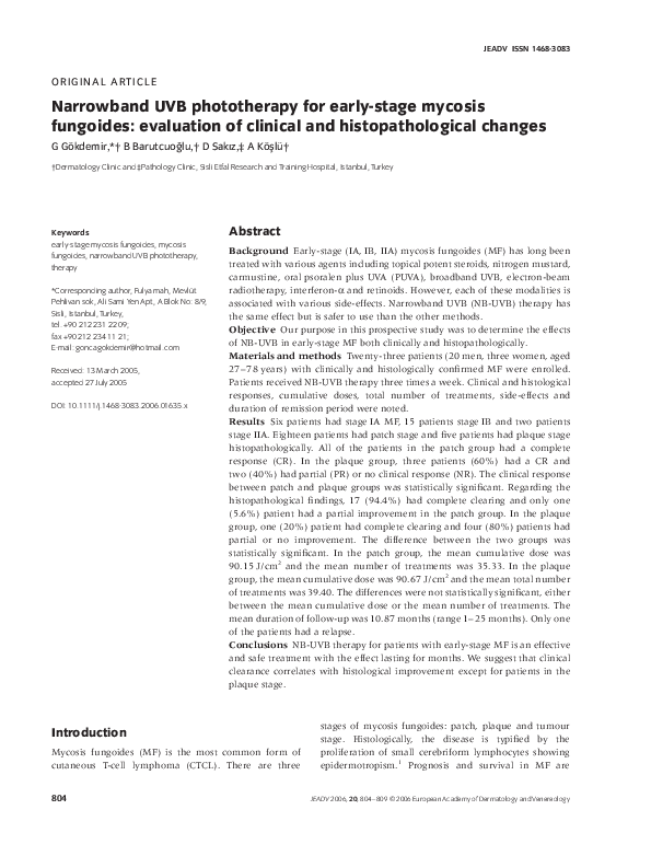(PDF) Narrowband UVB phototherapy for early-stage mycosis fungoides: evaluation of clinical and ...