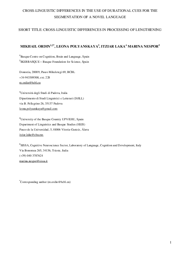 (PDF) Cross-linguistic differences in the use of durational cues for the segmentation of a novel ...