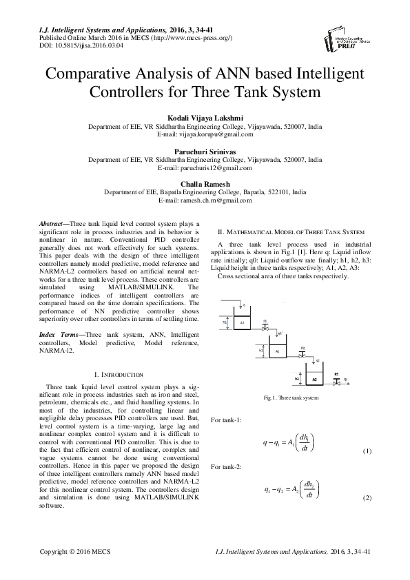(PDF) Comparative Analysis of ANN based Intelligent Controllers for Three Tank System