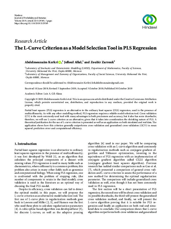 Pdf The L Curve Criterion As A Model Selection Tool In Pls Regression