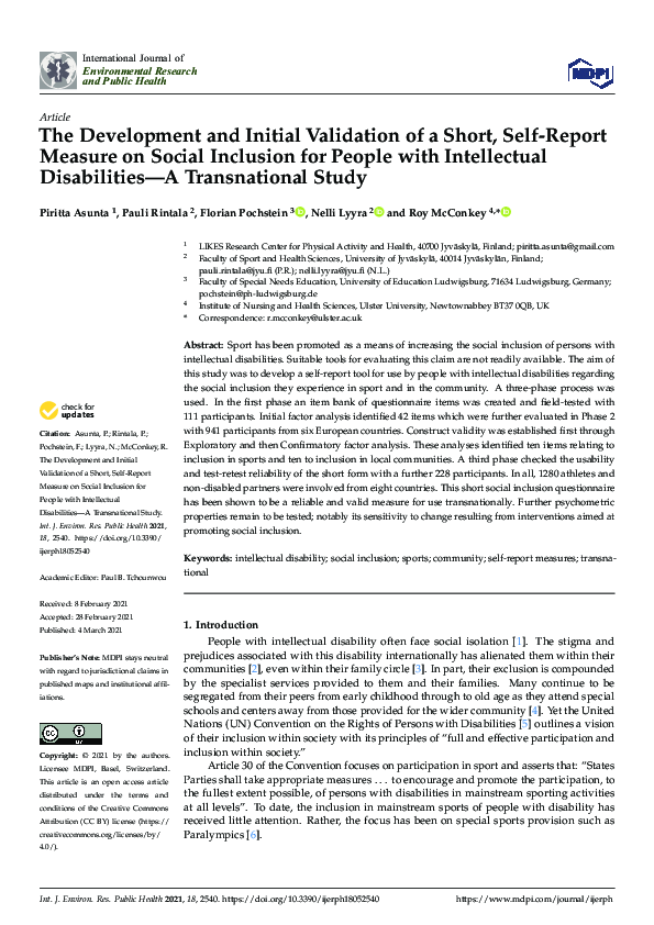 (PDF) The Development and Initial Validation of a Short, Self-Report Measure on Social Inclusion ...