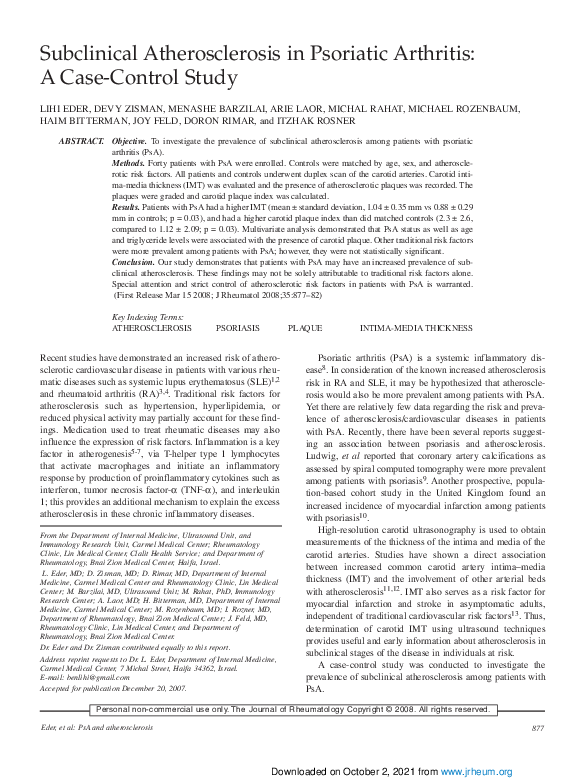 (PDF) Subclinical atherosclerosis in psoriatic arthritis: a case-control study