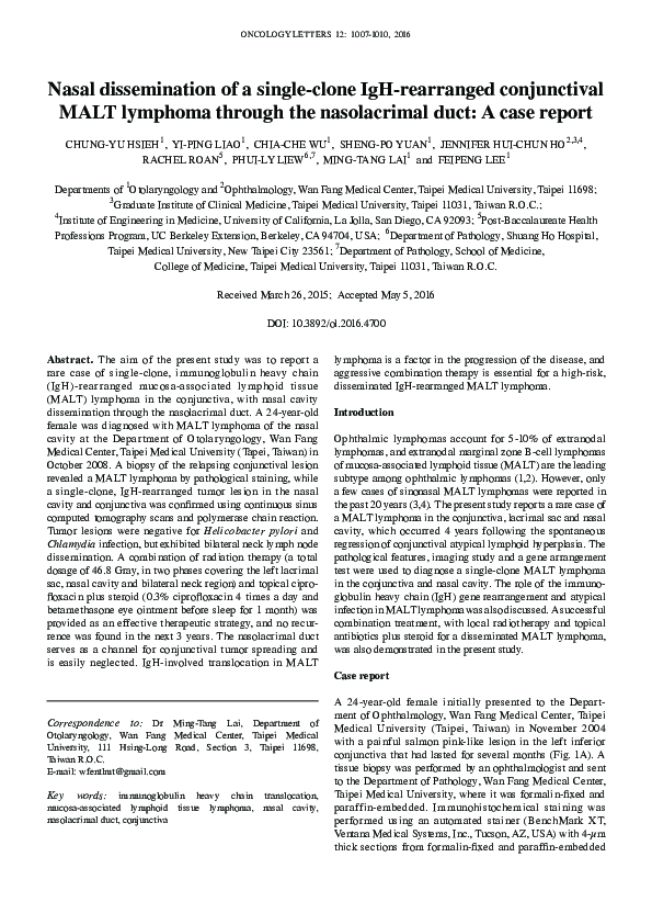 (PDF) Nasal dissemination of a single-clone IgH-rearranged conjunctival ...