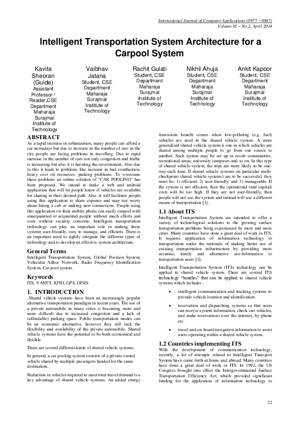 (PDF) Intelligent Transportation System Architecture for a Carpool System