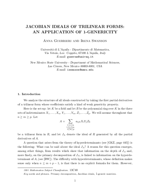 (PDF) Jacobian Ideals of Trilinear Forms: An Application of 1-Genericity