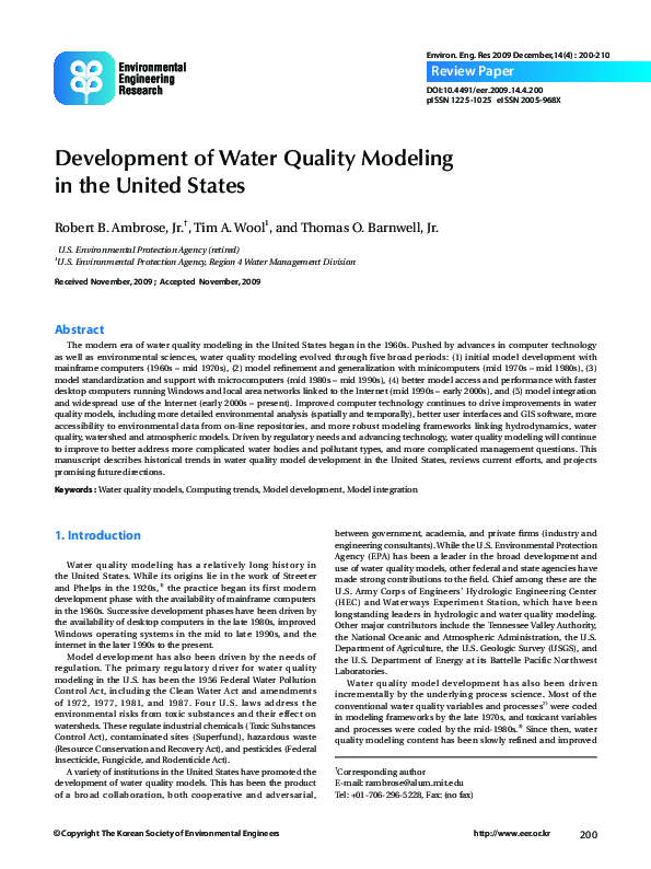 (PDF) Development of Water Quality Modeling in the United States