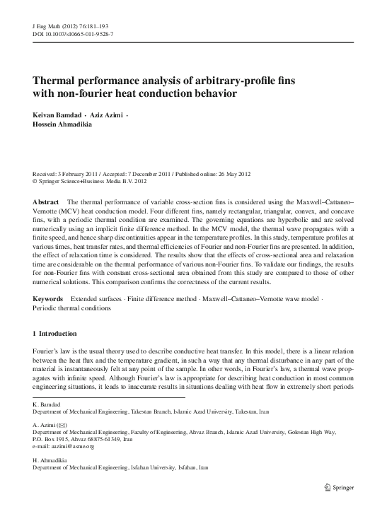 (PDF) Thermal performance analysis of arbitrary-profile fins with non-fourier heat conduction ...