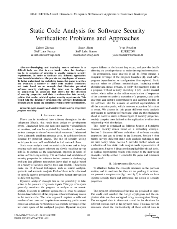 Pdf Static Code Analysis For Software Security Verification Problems