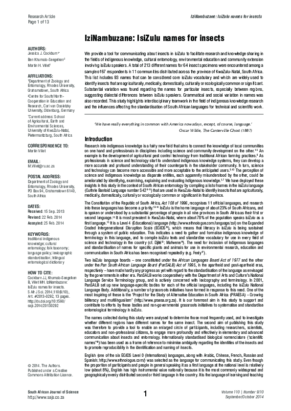 (PDF) IziNambuzane: IsiZulu names for insects