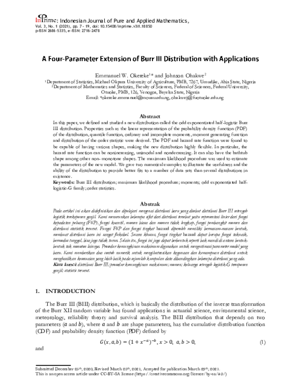 Pdf A Four Parameter Extension Of Burr Iii Distribution With Applications