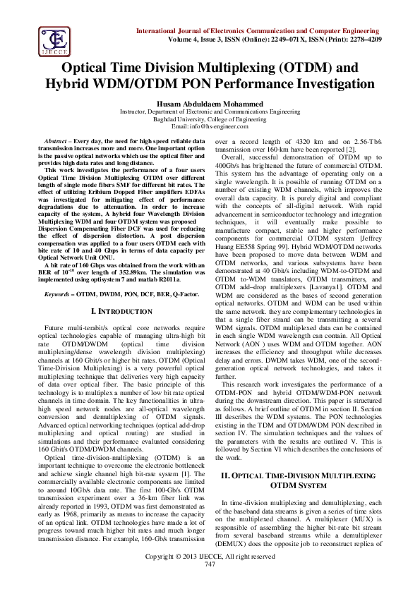 (PDF) Optical Time Division Multiplexing (OTDM) and Hybrid WDM/OTDM PON Performance Investigation