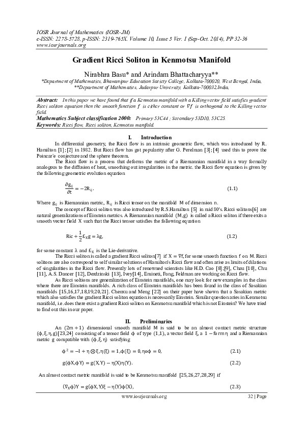 (PDF) Gradient Ricci Soliton in Kenmotsu Manifold | Arindam Bhattacharyya - Academia.edu