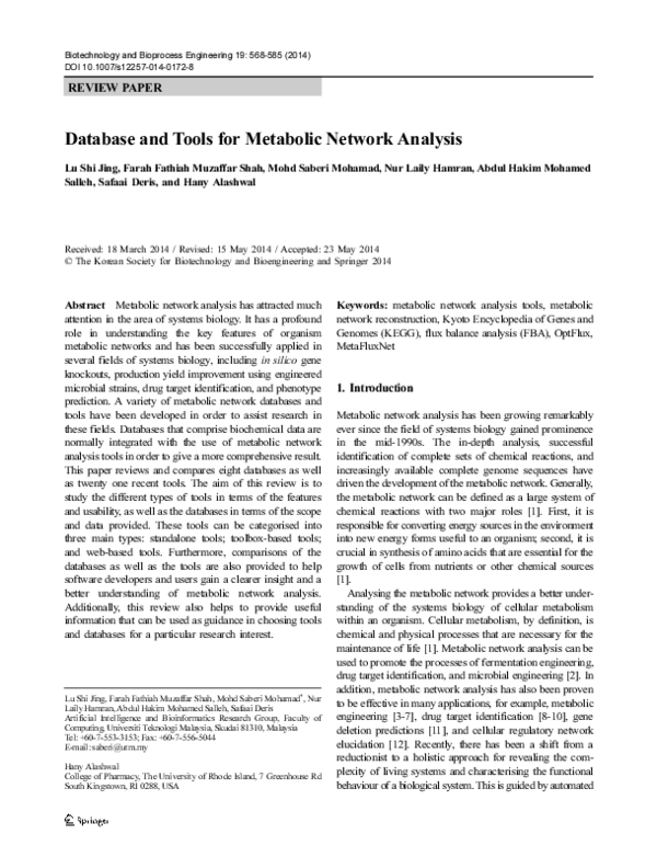 Pdf Metabolic Network Analysis Tools And Databases