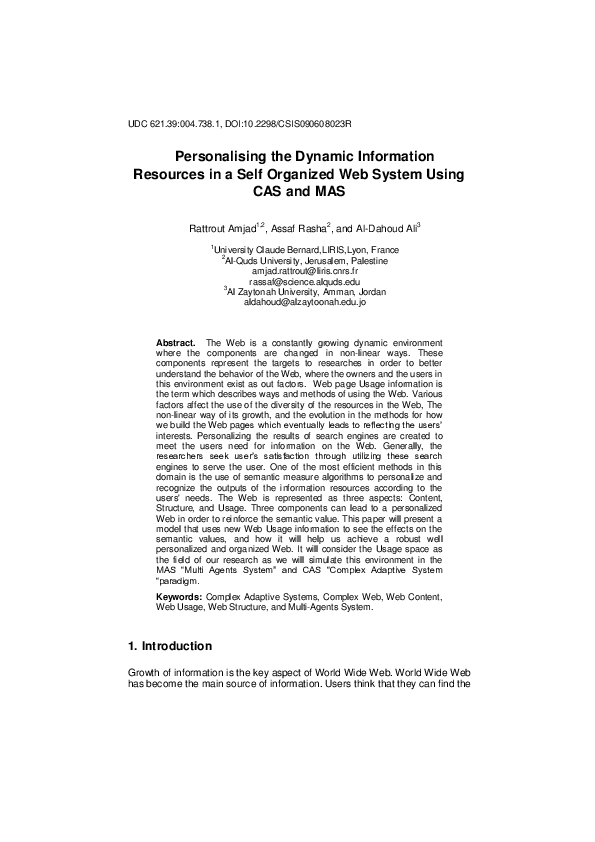(PDF) Using Agents to Reorganize the Dynamic Information Resources in a Self Organized Web ...