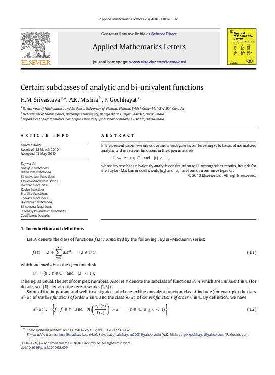 (PDF) Certain subclasses of analytic and bi-univalent functions