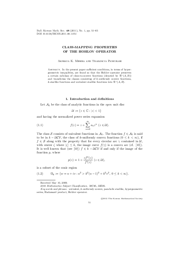 (PDF) Class-Mapping Properties of the Hohlov Operator