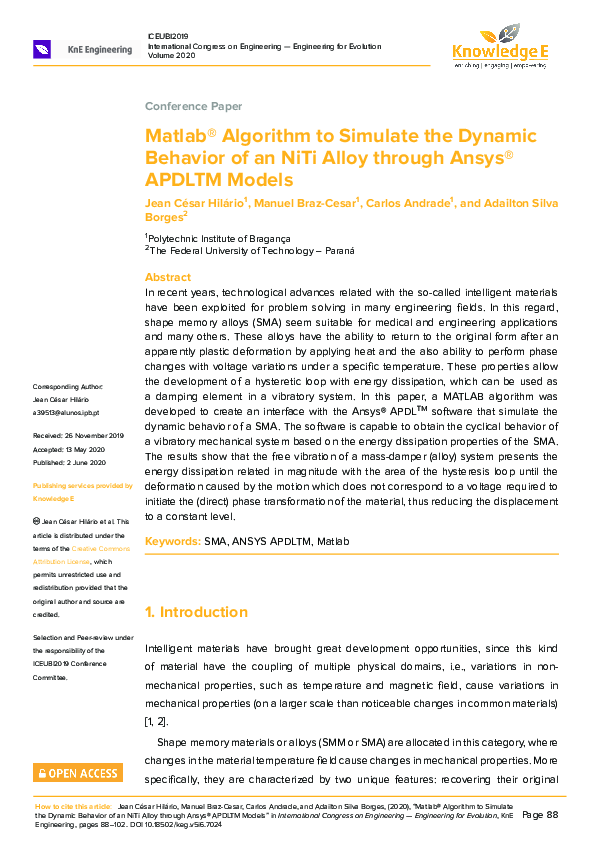 (PDF) Matlab® Algorithm to Simulate the Dynamic Behavior of an NiTi ...
