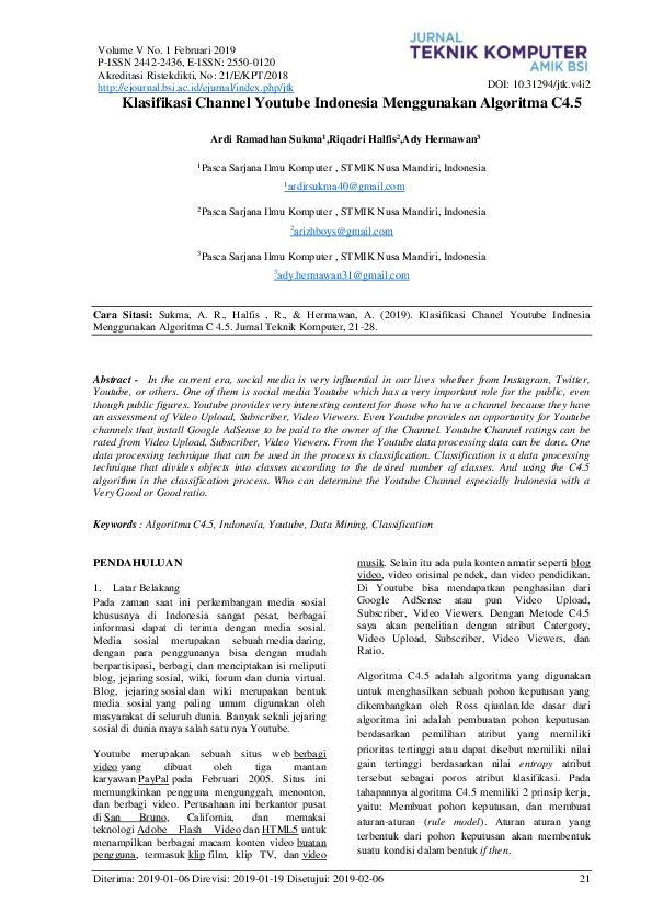 (PDF) Klasifikasi Channel Youtube Indonesia Menggunakan Algoritma C4.5