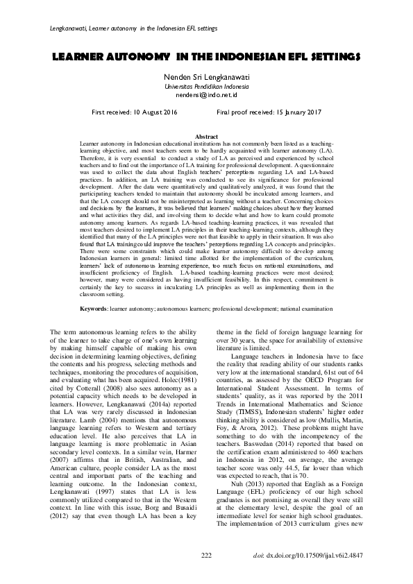 (PDF) Learner Autonomy in the Indonesian Efl Settings