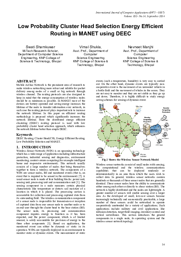 (PDF) Low Probability Cluster Head Selection Energy Efficient Routing in MANET using DEEC