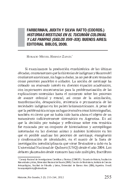 (PDF) Reseña del libro de FARBERMAN, Judith y Silvia RATTO (coords.) Historias mestizas en el ...