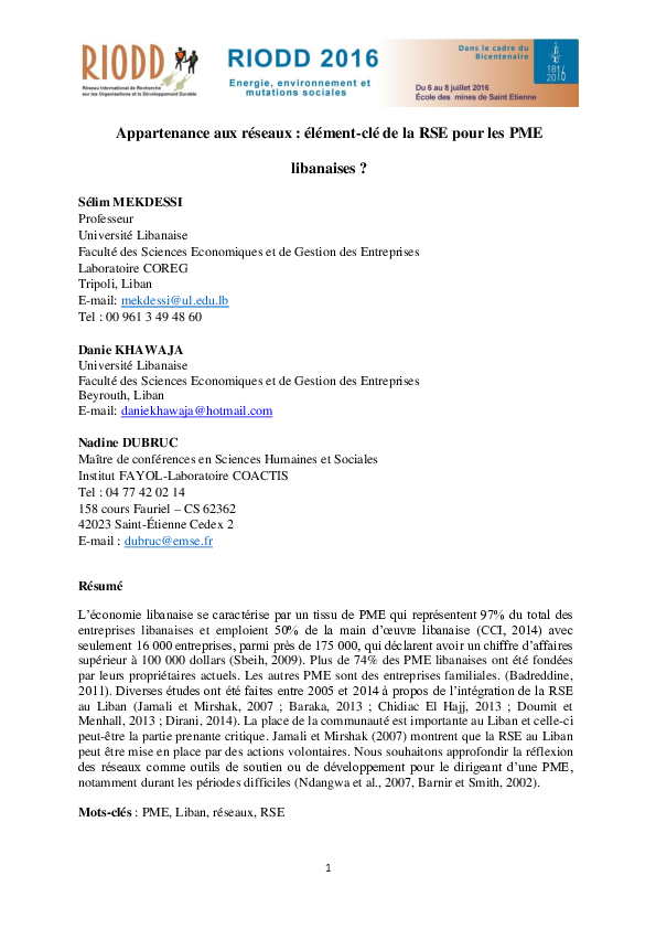 (PDF) Appartenance aux réseaux : élément-clé de la RSE pour les PME ...