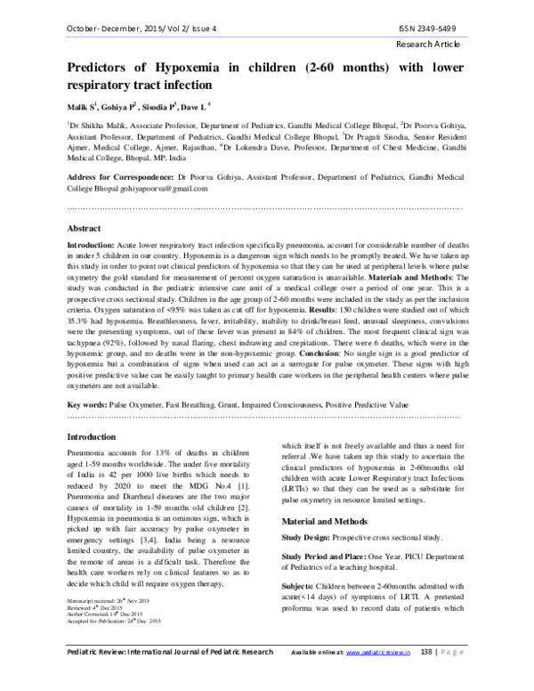 (PDF) Predictors of Hypoxemia in children (2-60 months) with lower ...