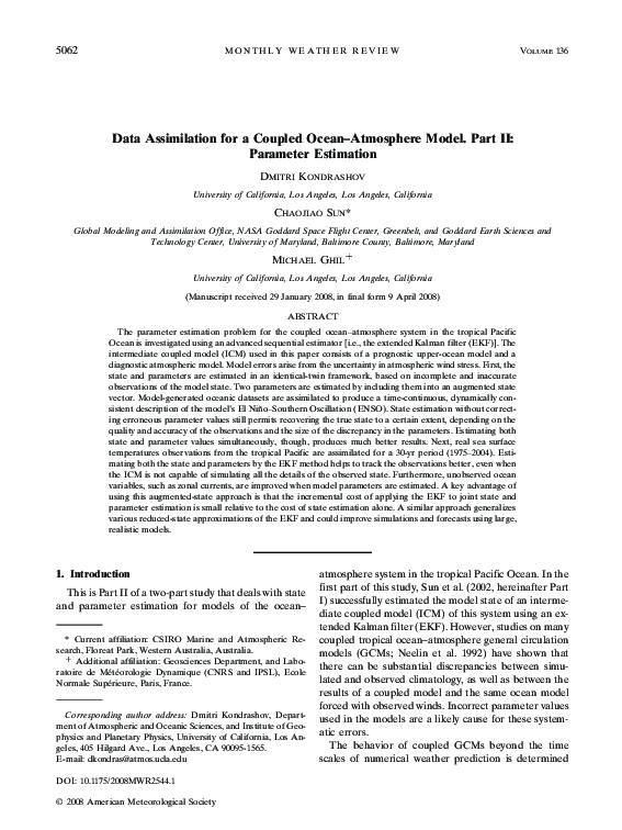 Pdf Data Assimilation For A Coupled Ocean Atmosphere Model Part I Sequential State Estimation
