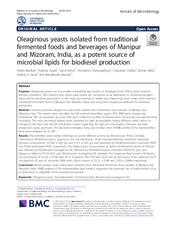 (PDF) Oleaginous yeasts isolated from traditional fermented foods and beverages of Manipur and ...