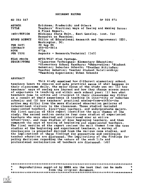 (PDF) Teachers' Practical Ways of Seeing and Making Sense: A Final Report