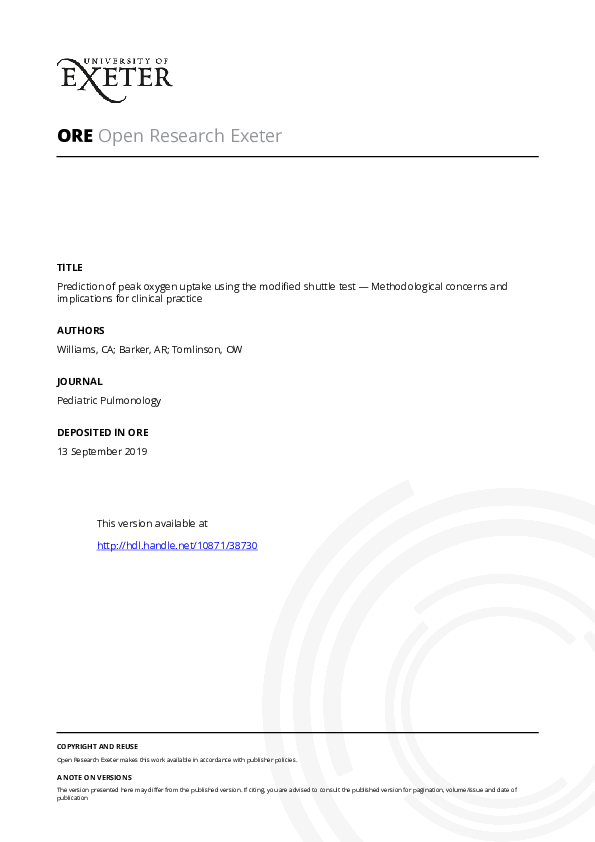 (PDF) Prediction of peak oxygen uptake using the modified shuttle test ...